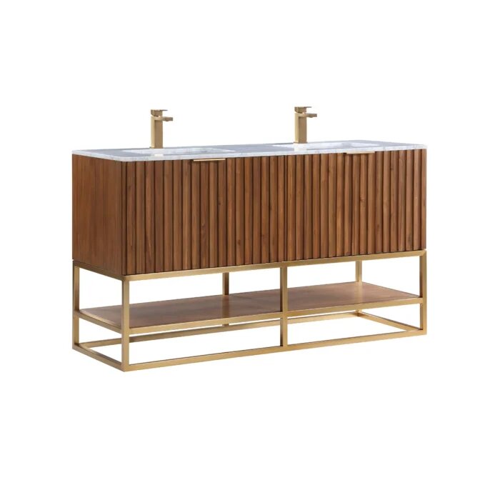 Terra 60" Bathroom Vanity, Walnut and Satin Brass with Carrara Marble
